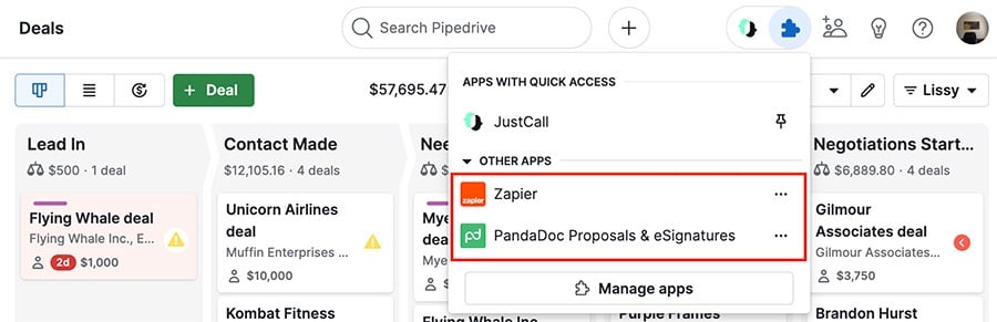 Apps with quick access - Knowledge Base | Pipedrive